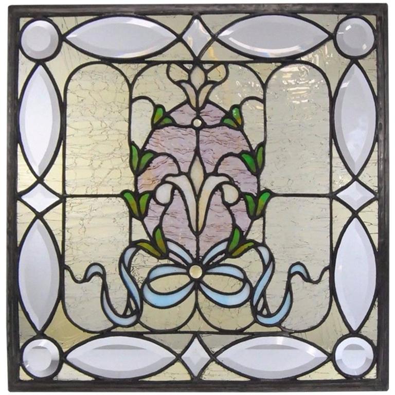 Antique Stained and Beveled Cut Window with Jewels and Tulip Design For ...