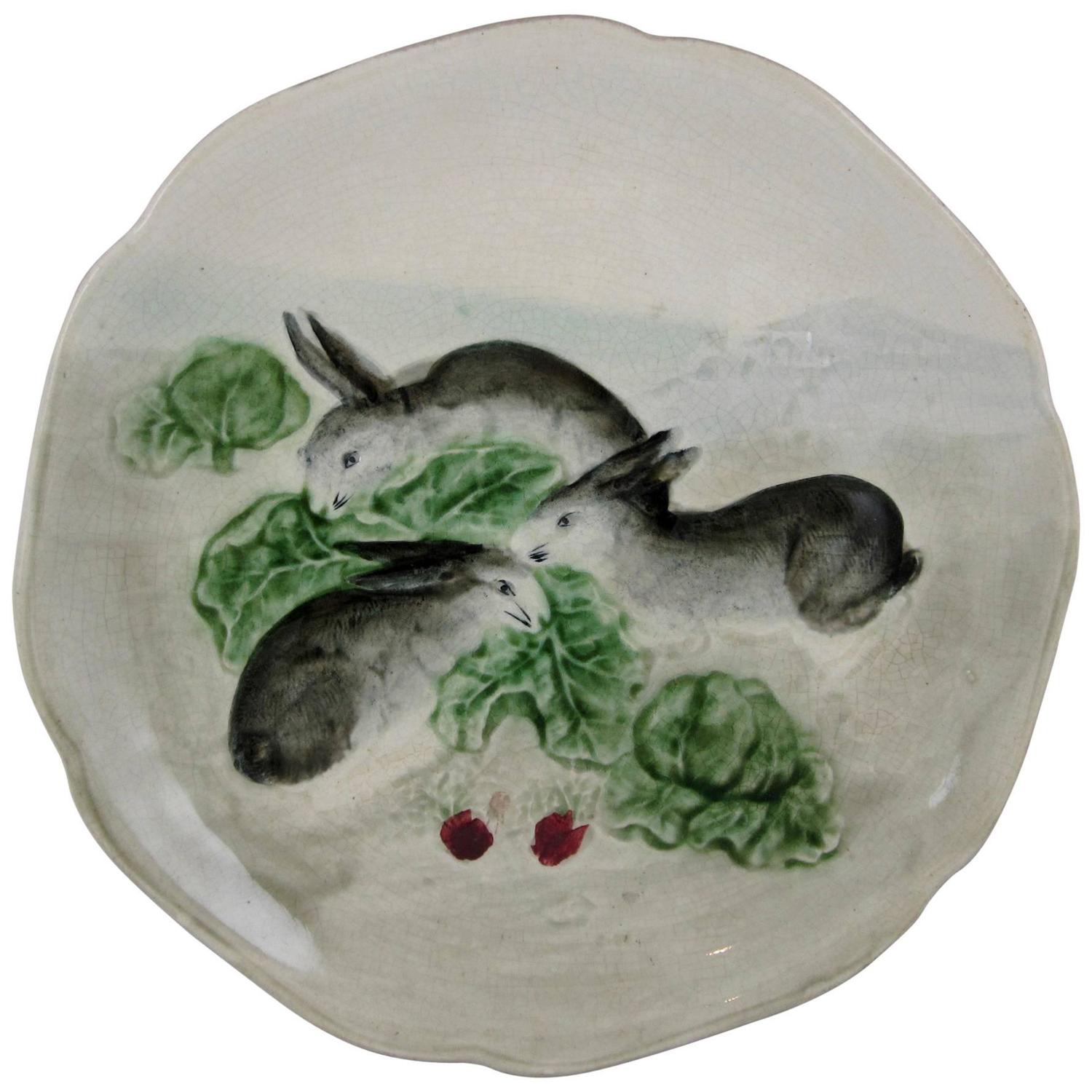 Choisy-le Roi French Majolica Bunny Rabbit Plate 'a' For Sale at 1stdibs