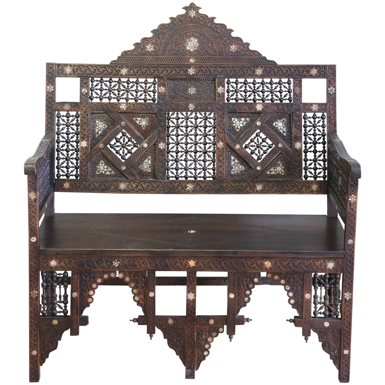 19th Century Syrian Carved Inlaid Bench For Sale at 1stdibs