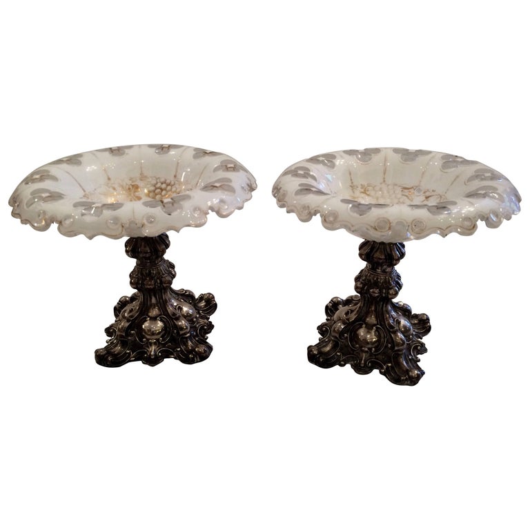 Pair of Austrian Silver Plated and White Glass Compotes For Sale at 1stDibs