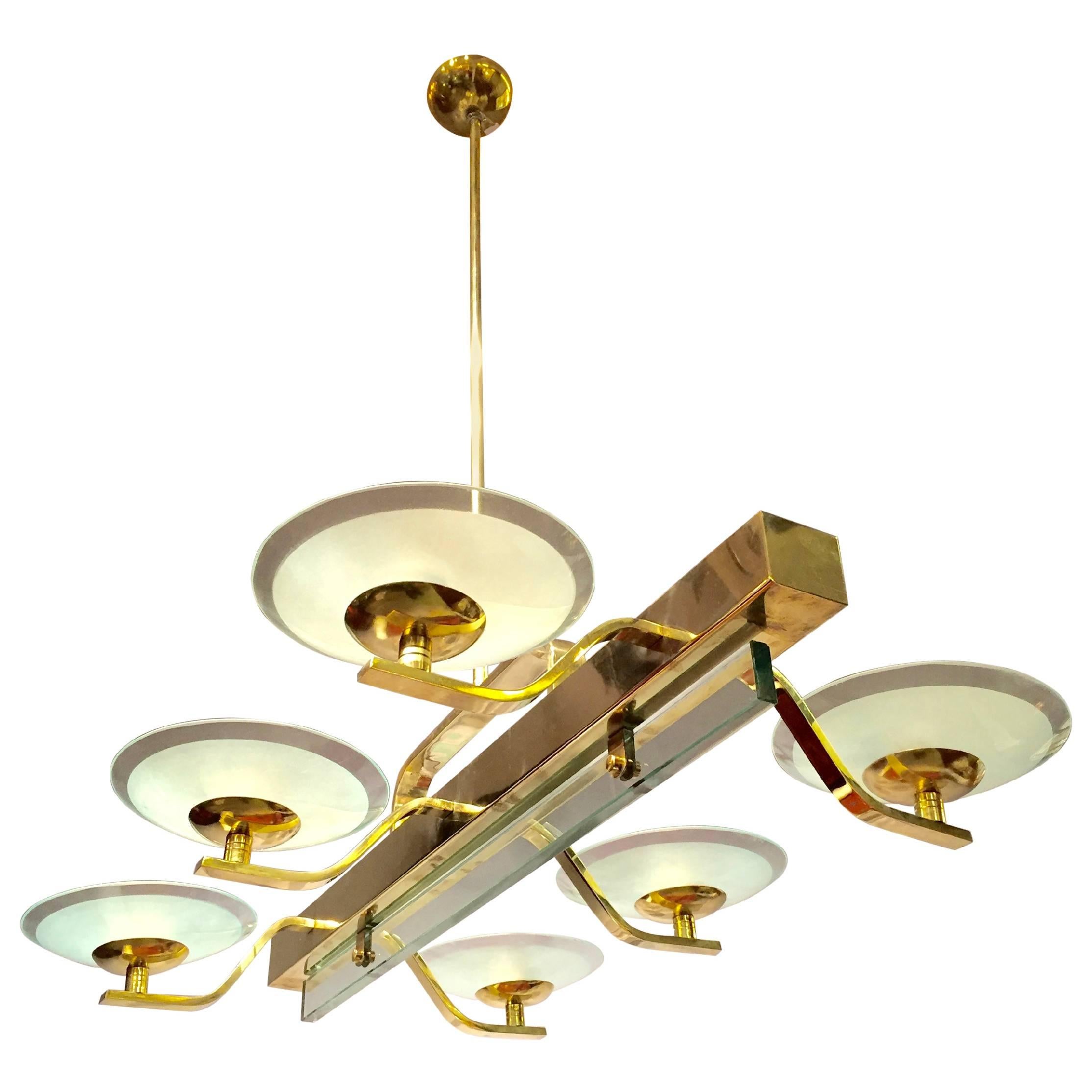 Rectangular Brass and Glass Chandelier at 1stDibs