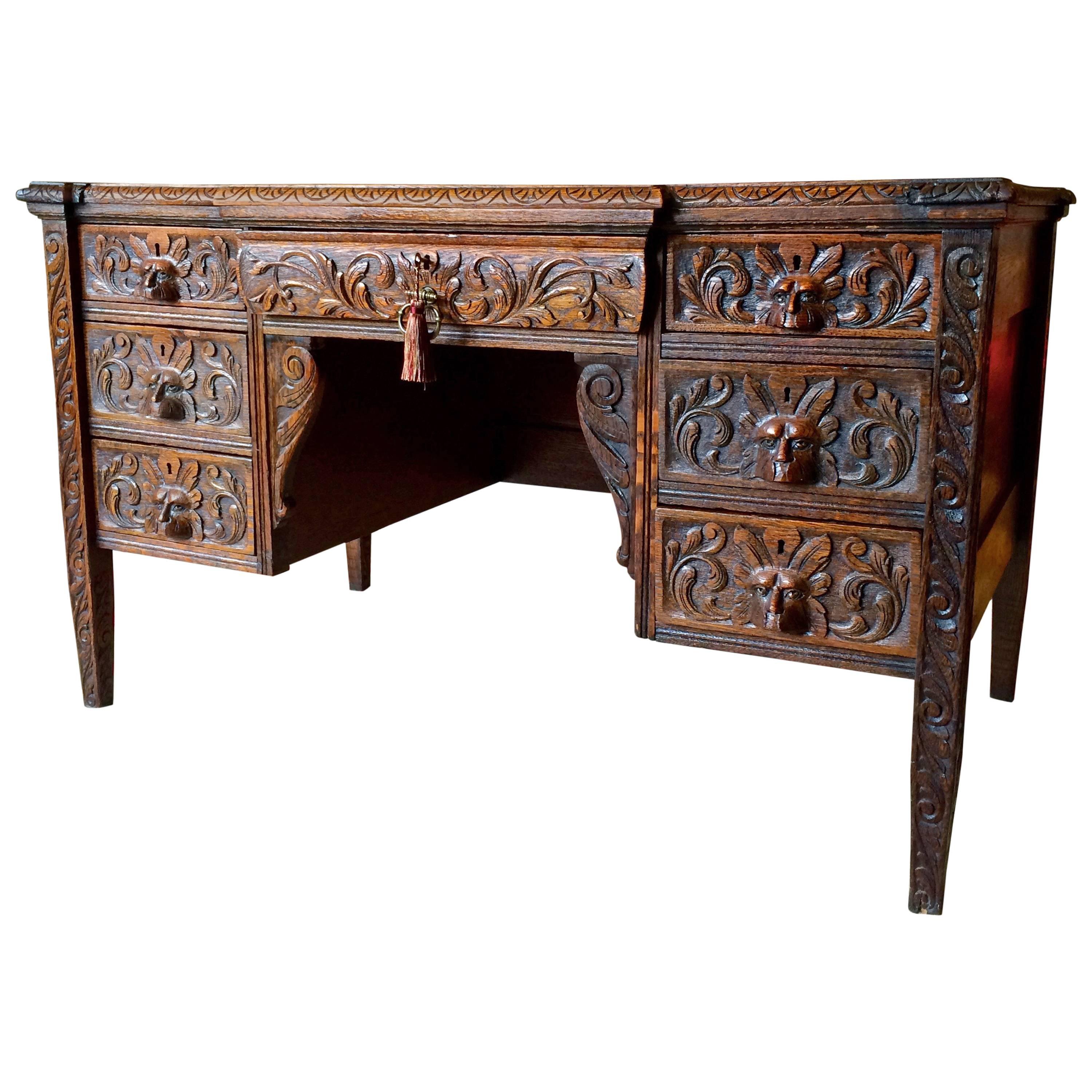 Antique Desk Solid Oak Green Man Heavily Carved Victorian 19th Century ...