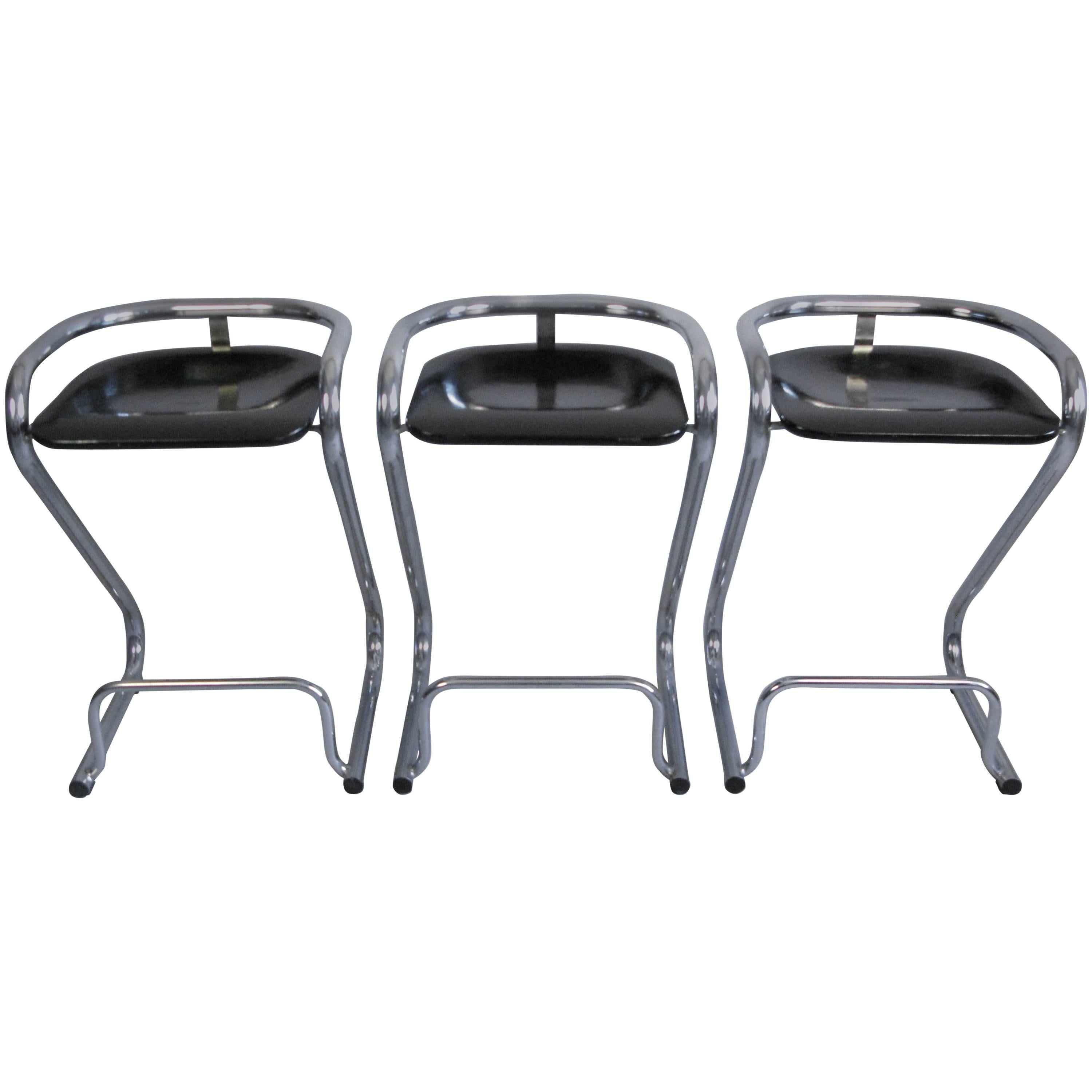 1970s Trio of Italian Chrome and Lacquered Wood Bar Stools at 1stDibs