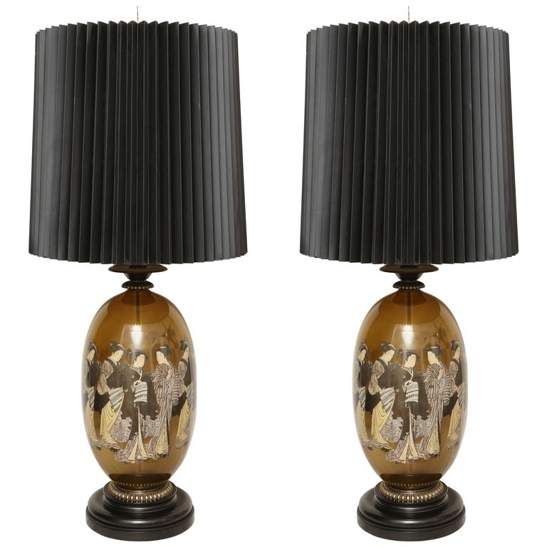 Pair of Mid-Century Reverse Painted Oriental Style Geisha Lamps at 1stDibs