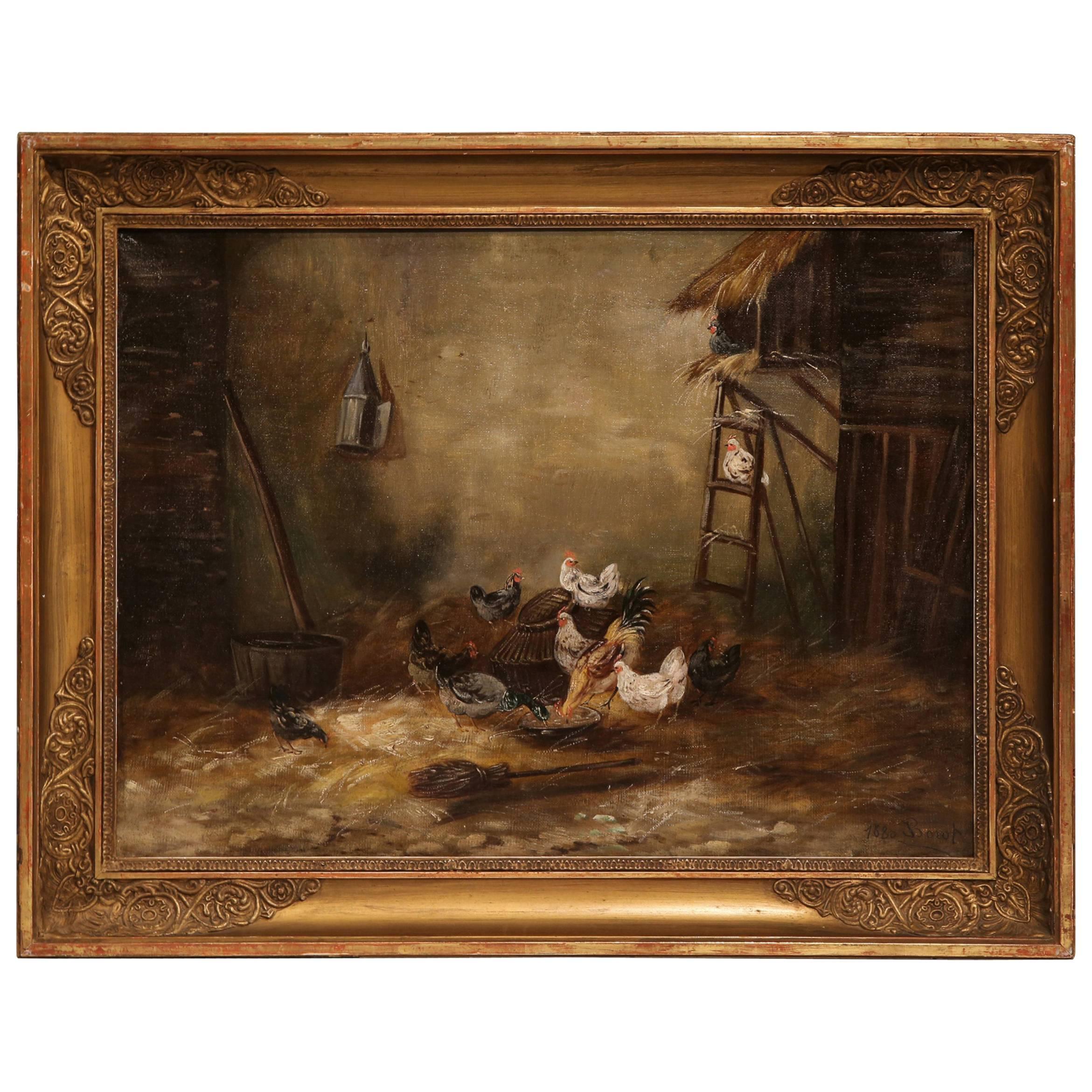 19th Century French Chicken Painting in Original Gilt Frame Signed ...