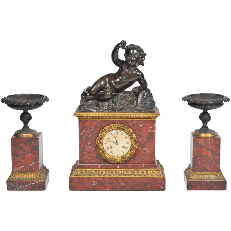 French 19th Century Marble Mantel Clock Set For Sale at 1stDibs