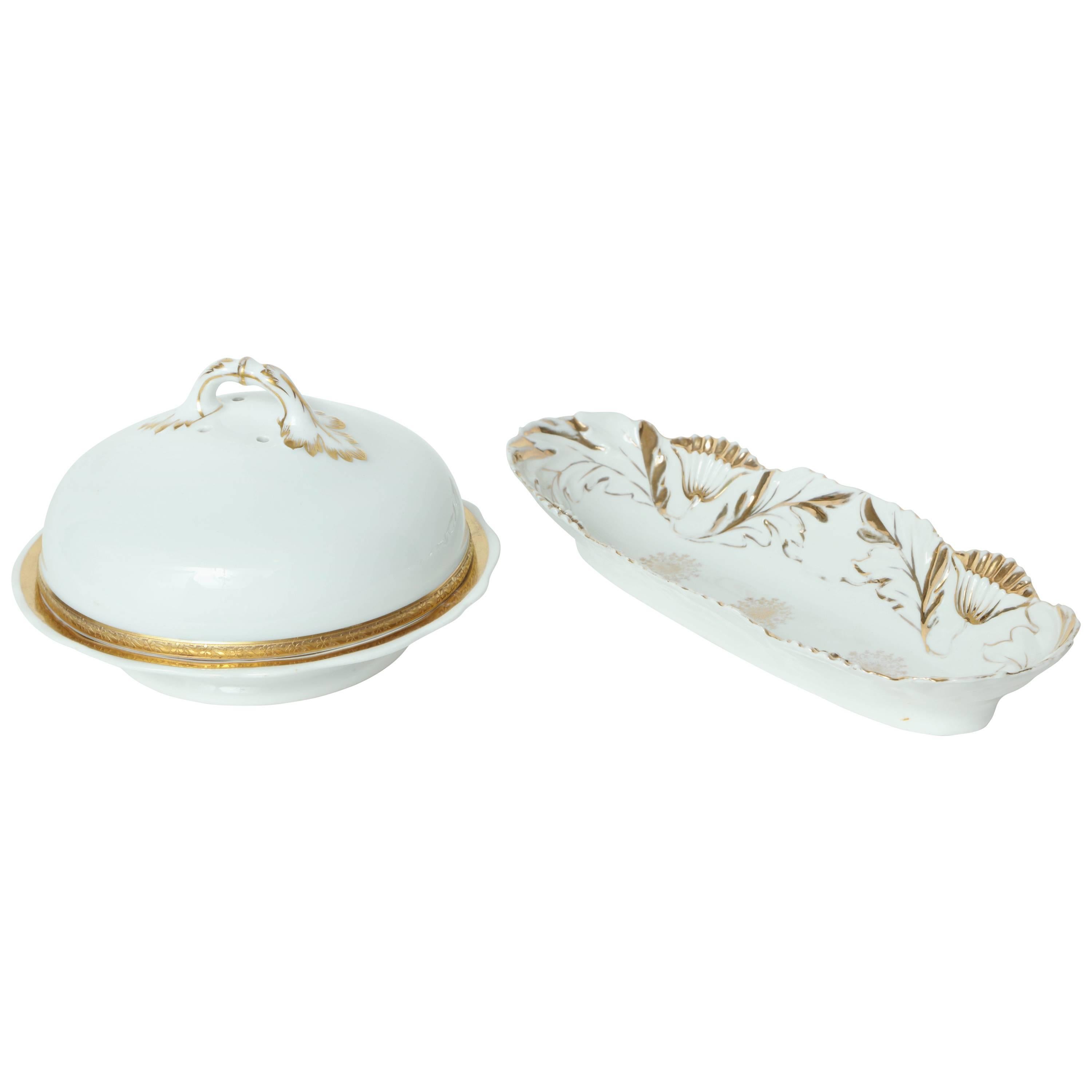 French Porcelain Covered Cheese/ Butter Server and Oblong Dish at 1stDibs