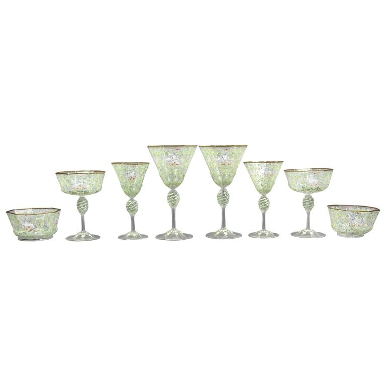 Large Set of Enameled Venetian Stemware and Dessert Cups at 1stDibs