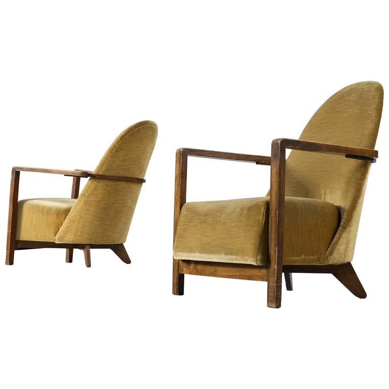 Pair of Dutch Art Deco Club Chairs in Yellow Upholstery For Sale at 1stDibs