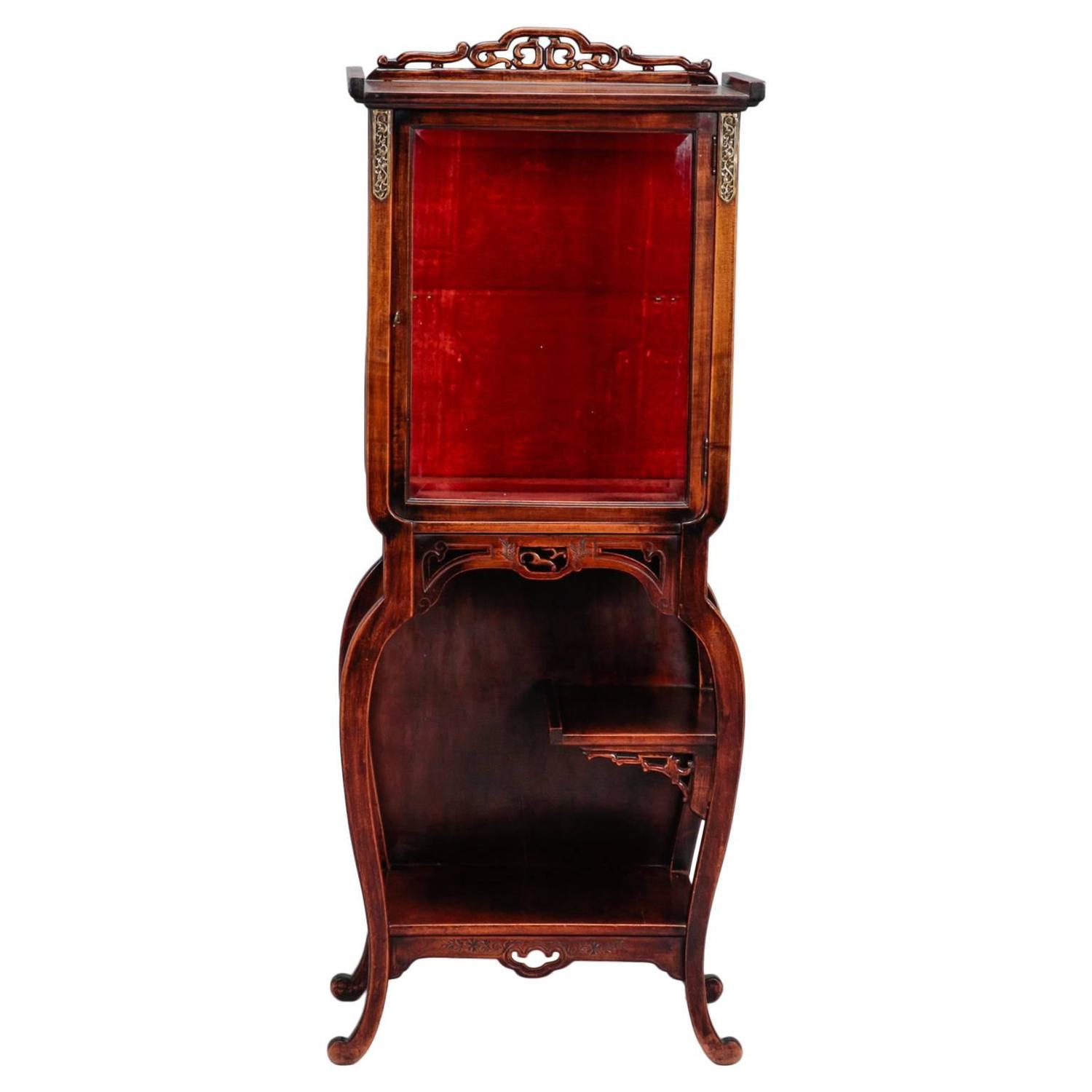 Tall Narrow Chinese Carved Wood Display Cabinet For Sale at 1stdibs