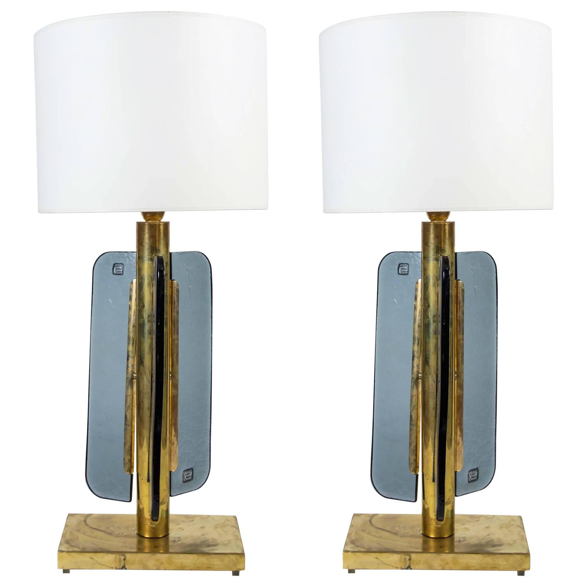 Pair of Brass and Tall Blue Murano Glass Panels Lamps by Seguso at 1stDibs