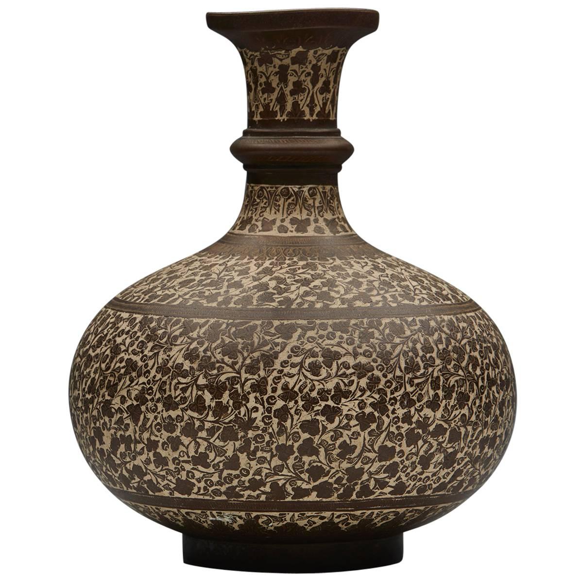 Antique Indian Brass Inlaid Floral Design Vase Signed, 19th-20th ...