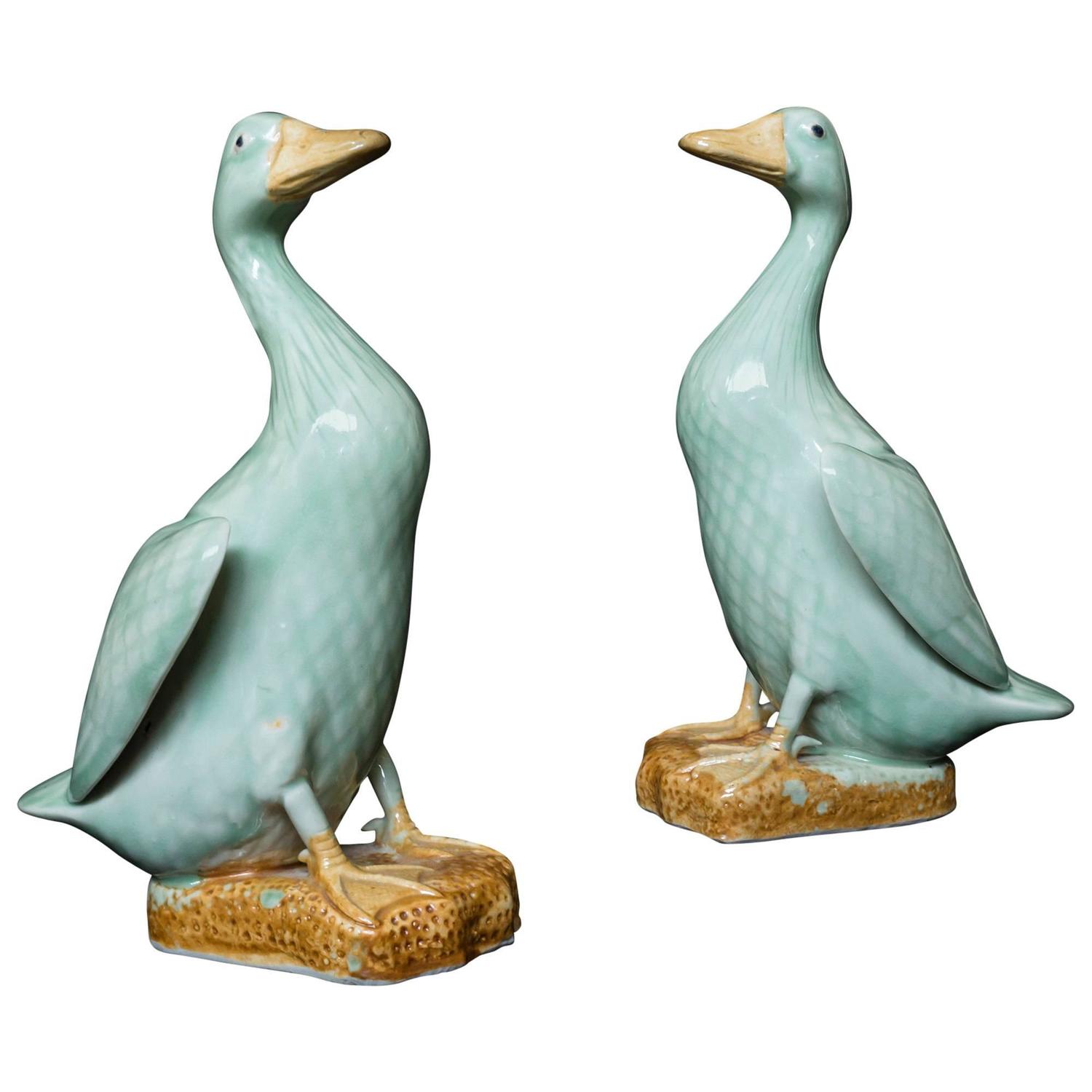 Pair of Chinese Celadon-Glazed Porcelain Ducks For Sale at 1stdibs