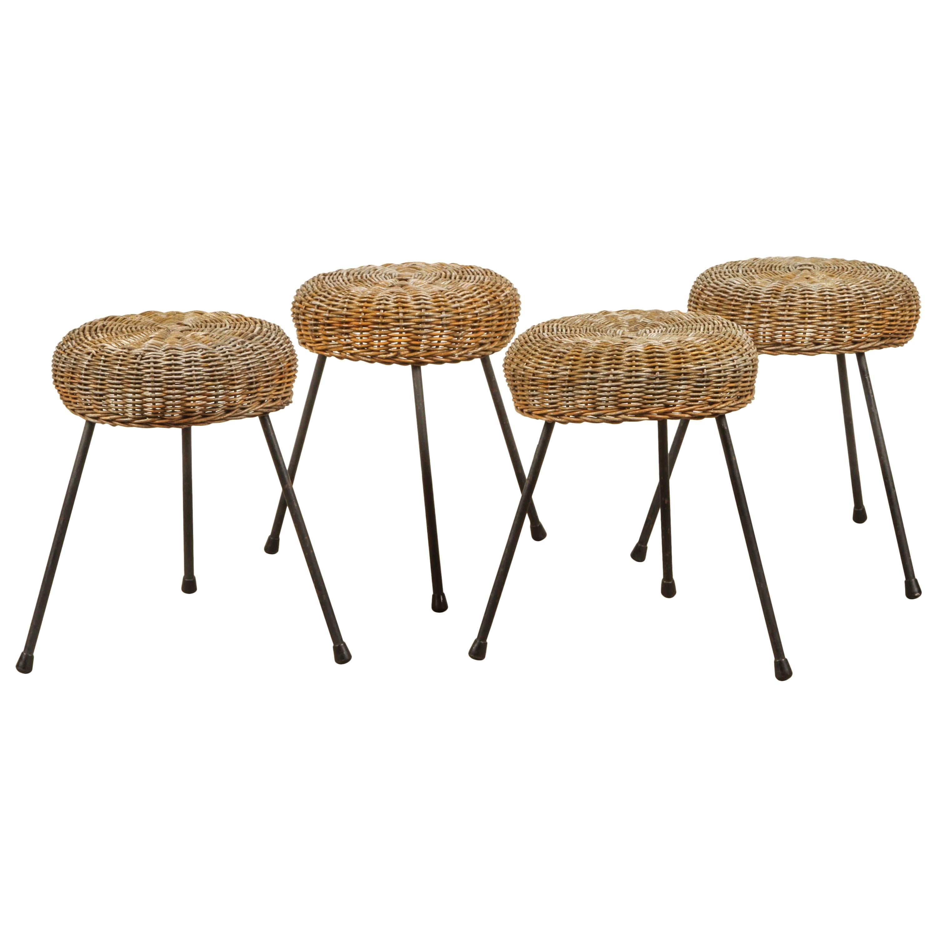 Wicker and Iron Three Legged Stool at 1stDibs