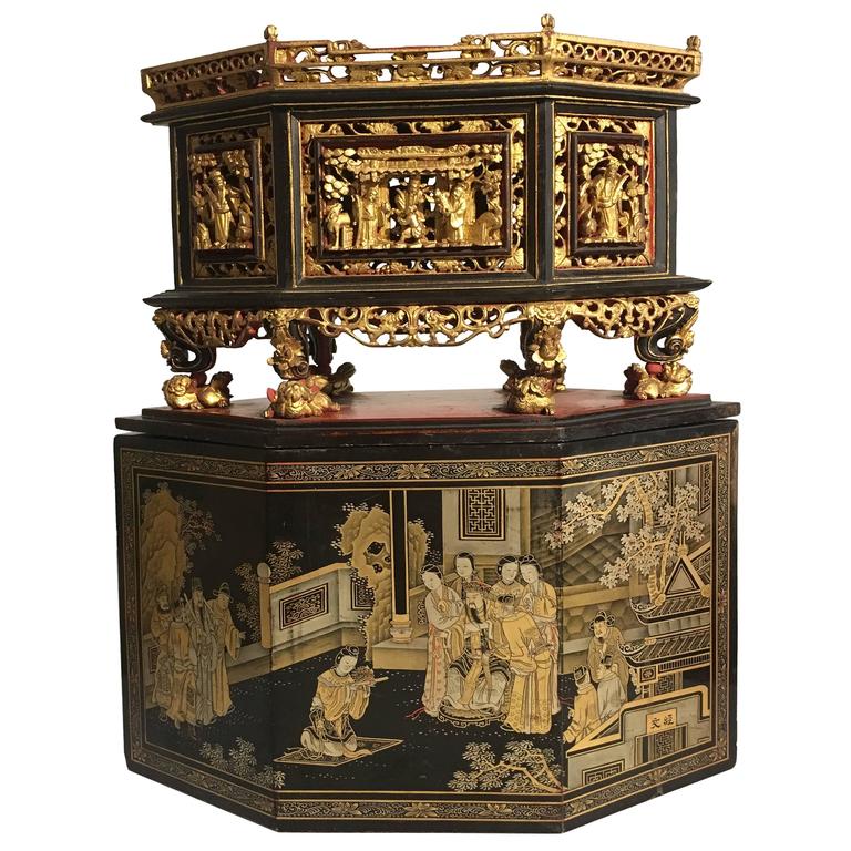 Straits Chinese Lacquer and Gilt Painted Altar Offering Box at 1stDibs