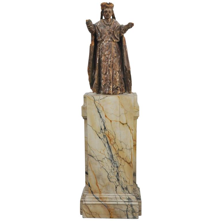 18th Century Hand-Carved Statue on a Pedestal For Sale at 1stDibs