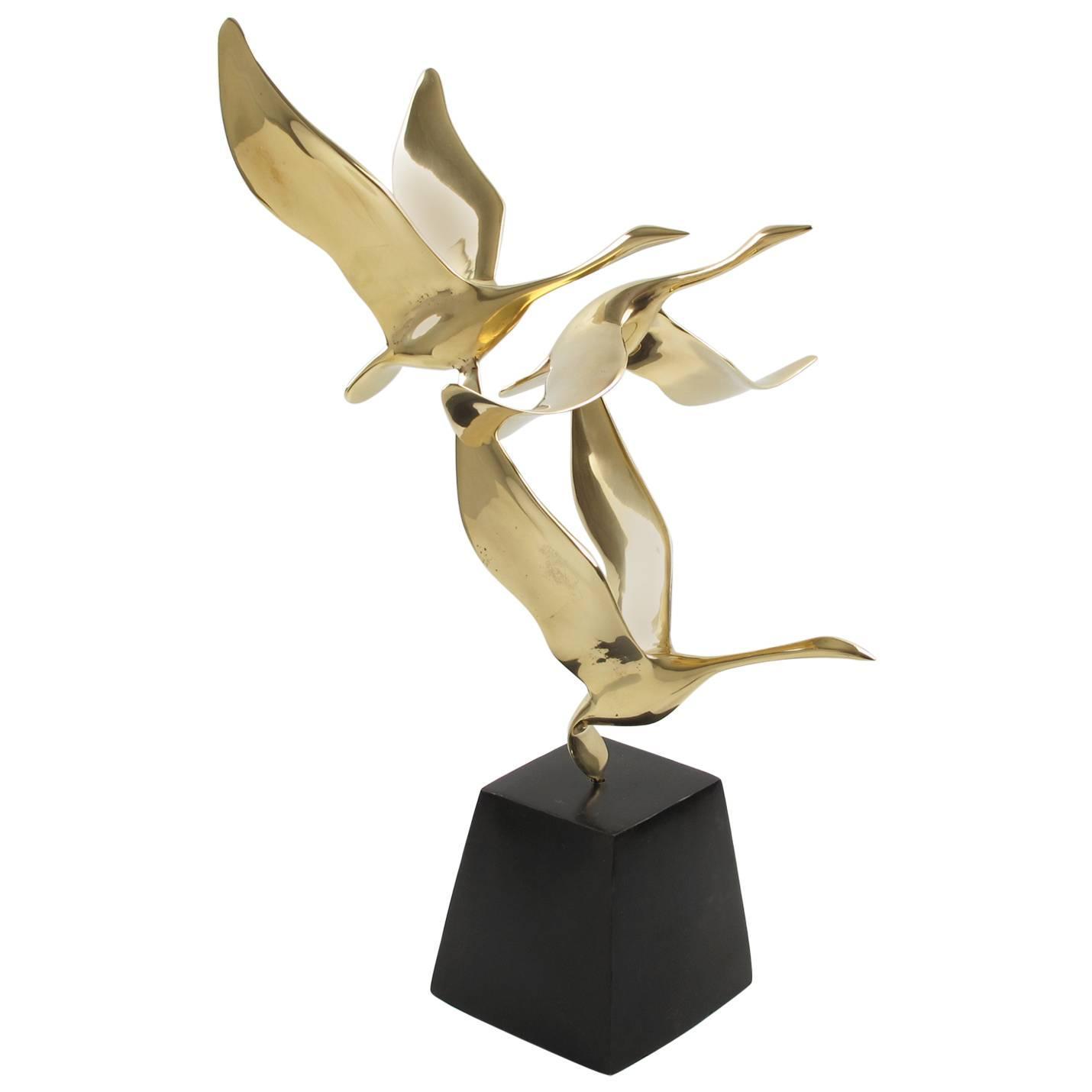 Mid-Century Modernist French Brass and Bronze Flying Birds Sculpture ...