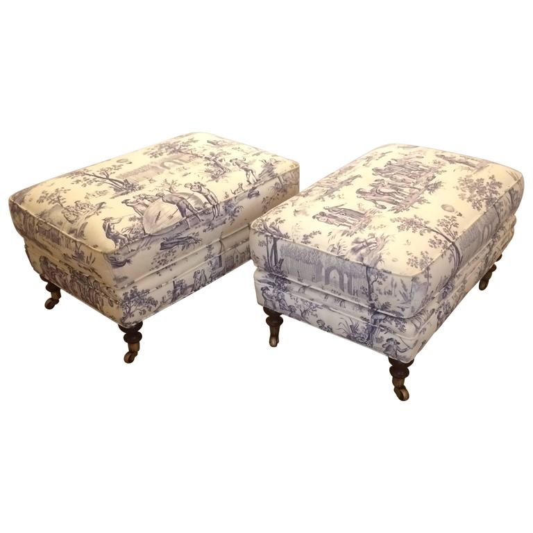 Pair of Lovely Traditional Toile Pillow Top Ottomans at 1stDibs