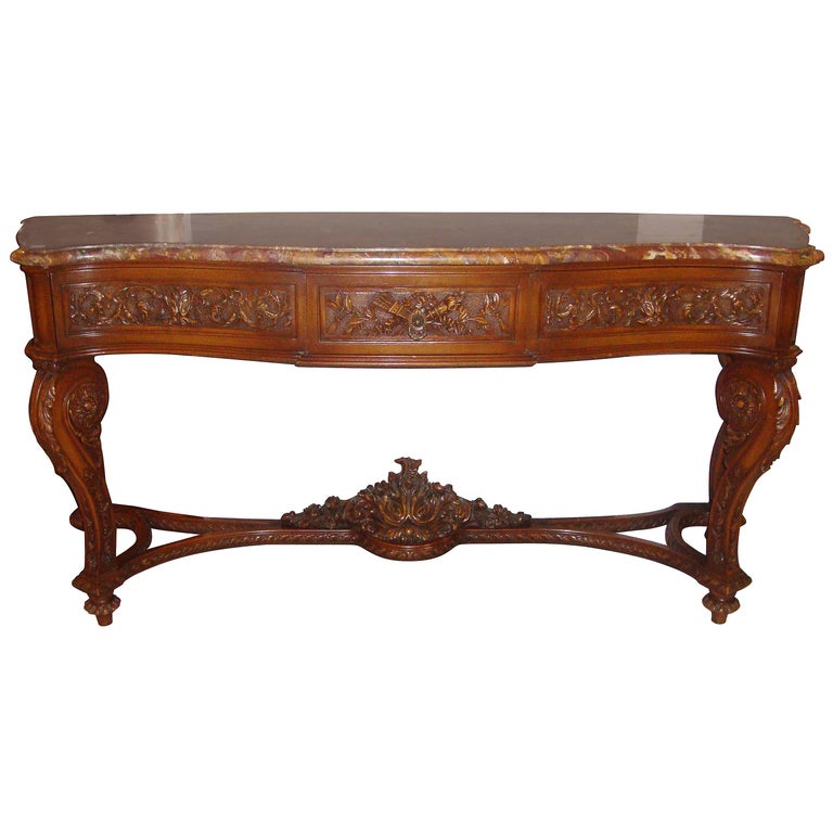 Monumental Walnut Finely Constructed Marble-Top Server Console at 1stDibs