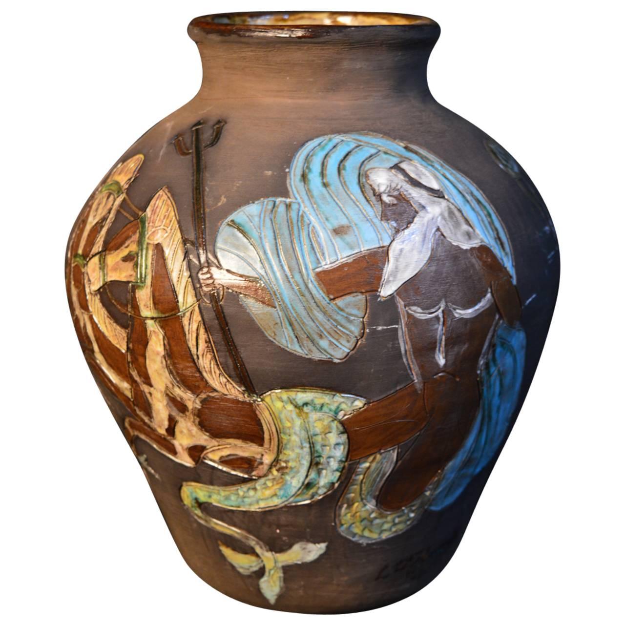Signed Mid-Century Belgian Pottery Vase with Mermaid, Neptune and ...