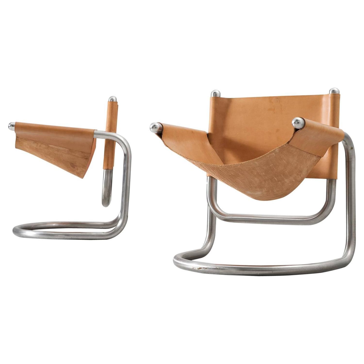 Set of Two Tubular Easy Chairs in Stainless Steel and Cognac Leather ...