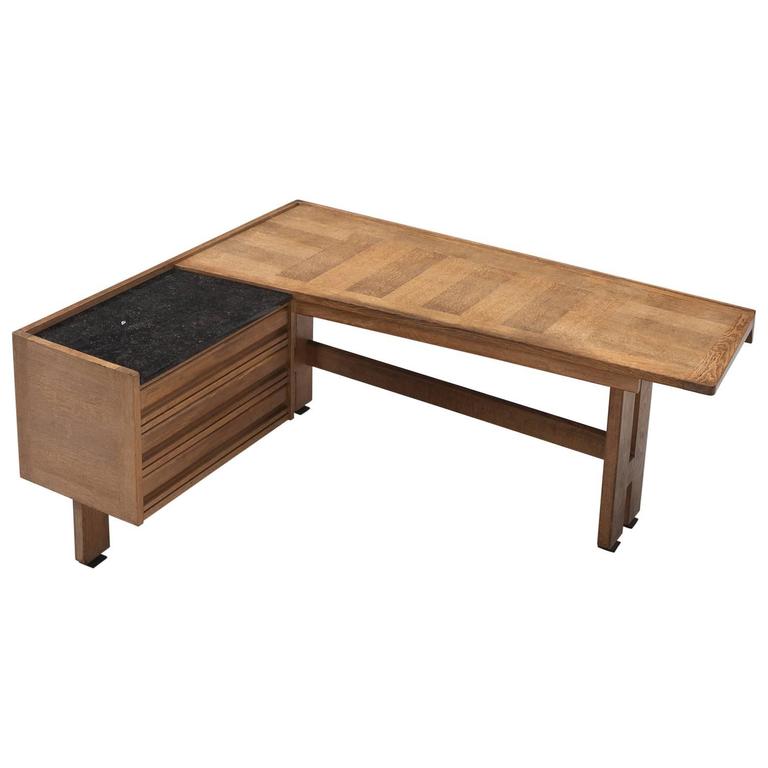 Guillerme and Chambron Corner Desk in Oak and Granite For Sale at 1stDibs