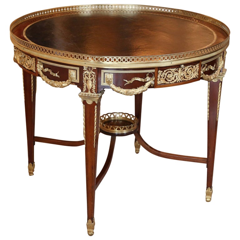 Louis XVI French Style Round Center Table with Leather Top / Bronze ...