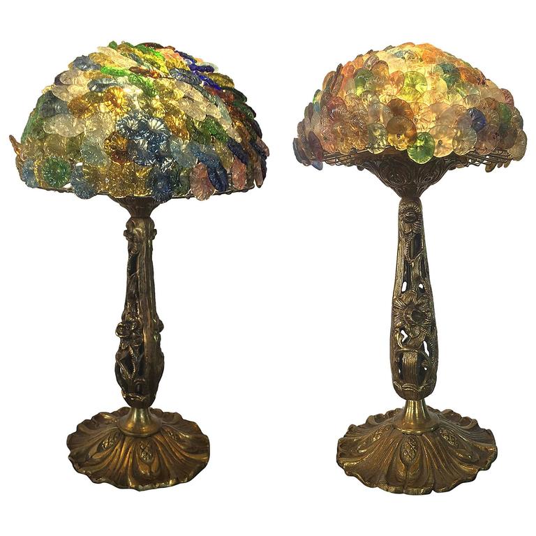 Rare Pair of Art Deco Czech Glass Lamps on Bronze Tree Trunk Bases at ...