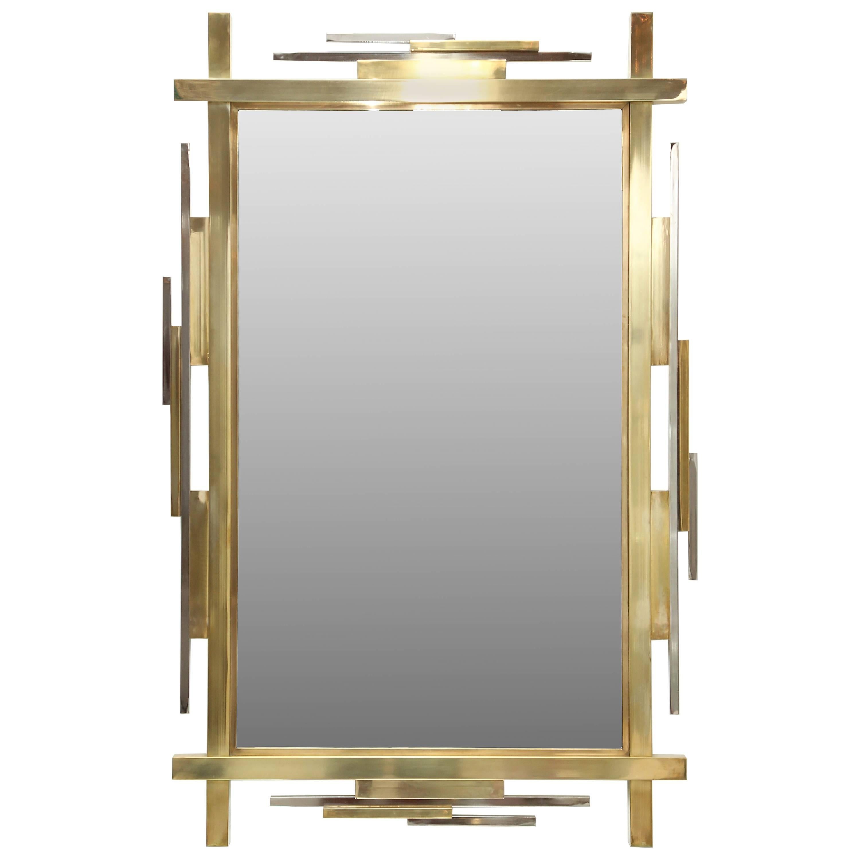 Italian Rectangular Mirror Polished Brass and Nickel at 1stDibs