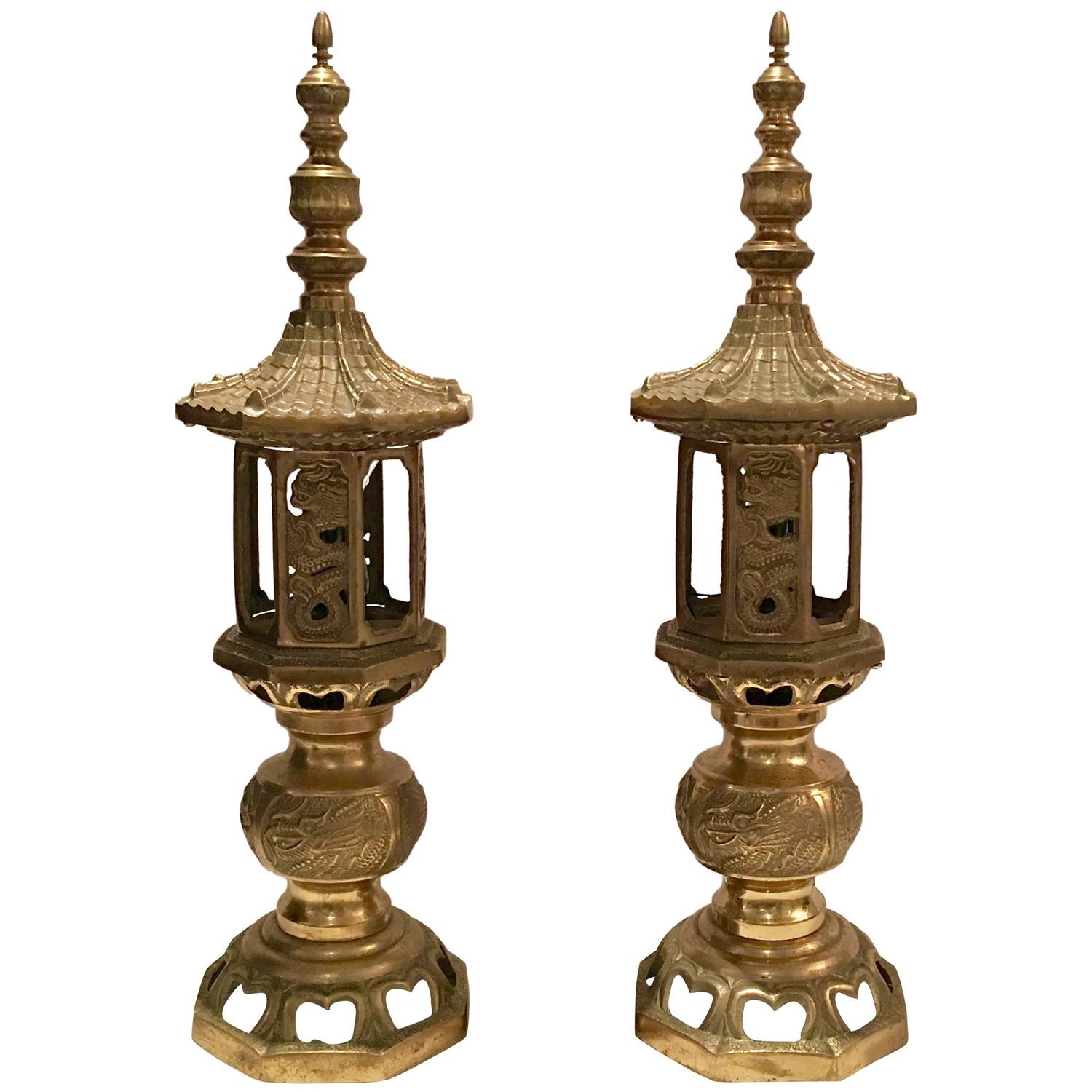 Vintage Chinese Brass Pagoda Temple Table Lamp, Pair For Sale at 1stdibs