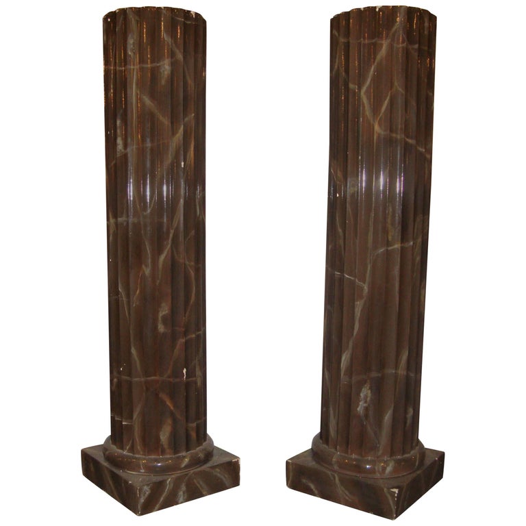Pair of Faux Brown Marble Fluted Column Style Pedestals at 1stDibs