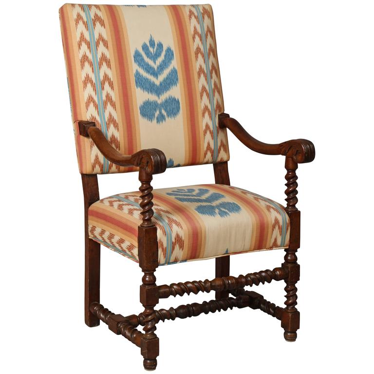 French Baroque Walnut Armchair Upholstered in Ikat Fabric For Sale at ...