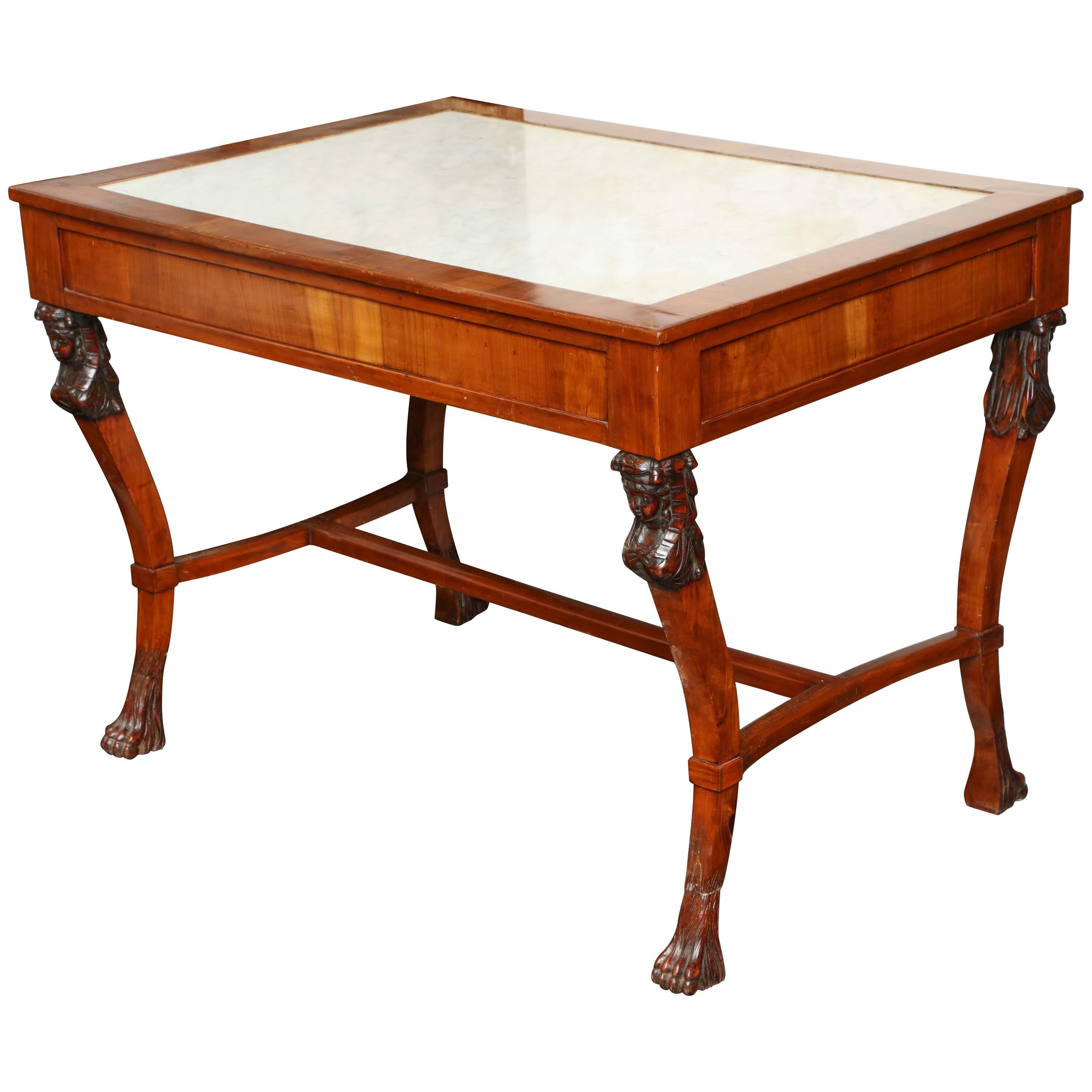 Empire Center Table in Mahogany with Bronze Mounts White Marble Top, 19 ...