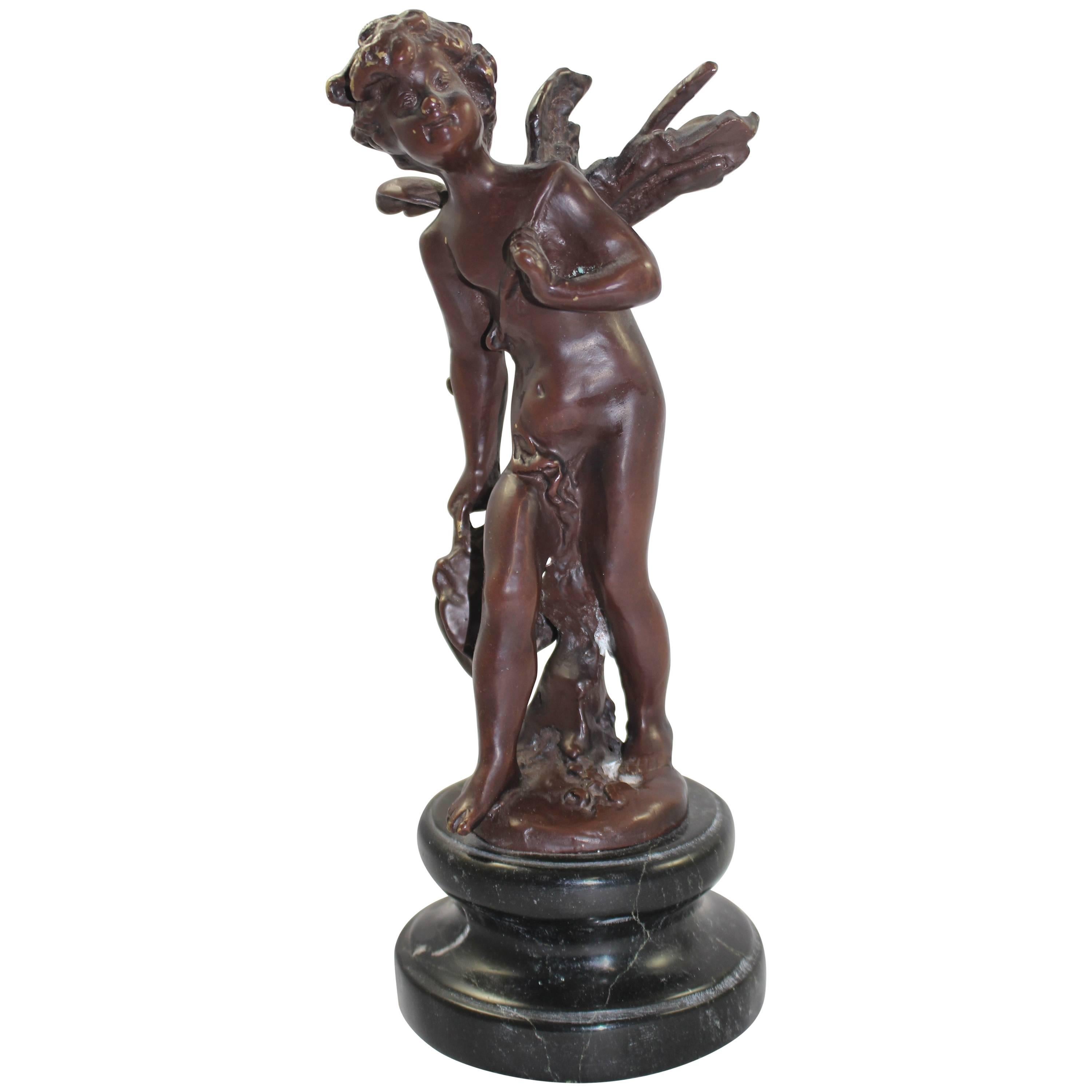 Classical Style Bronze Cherub on Marble Base Statue at 1stDibs