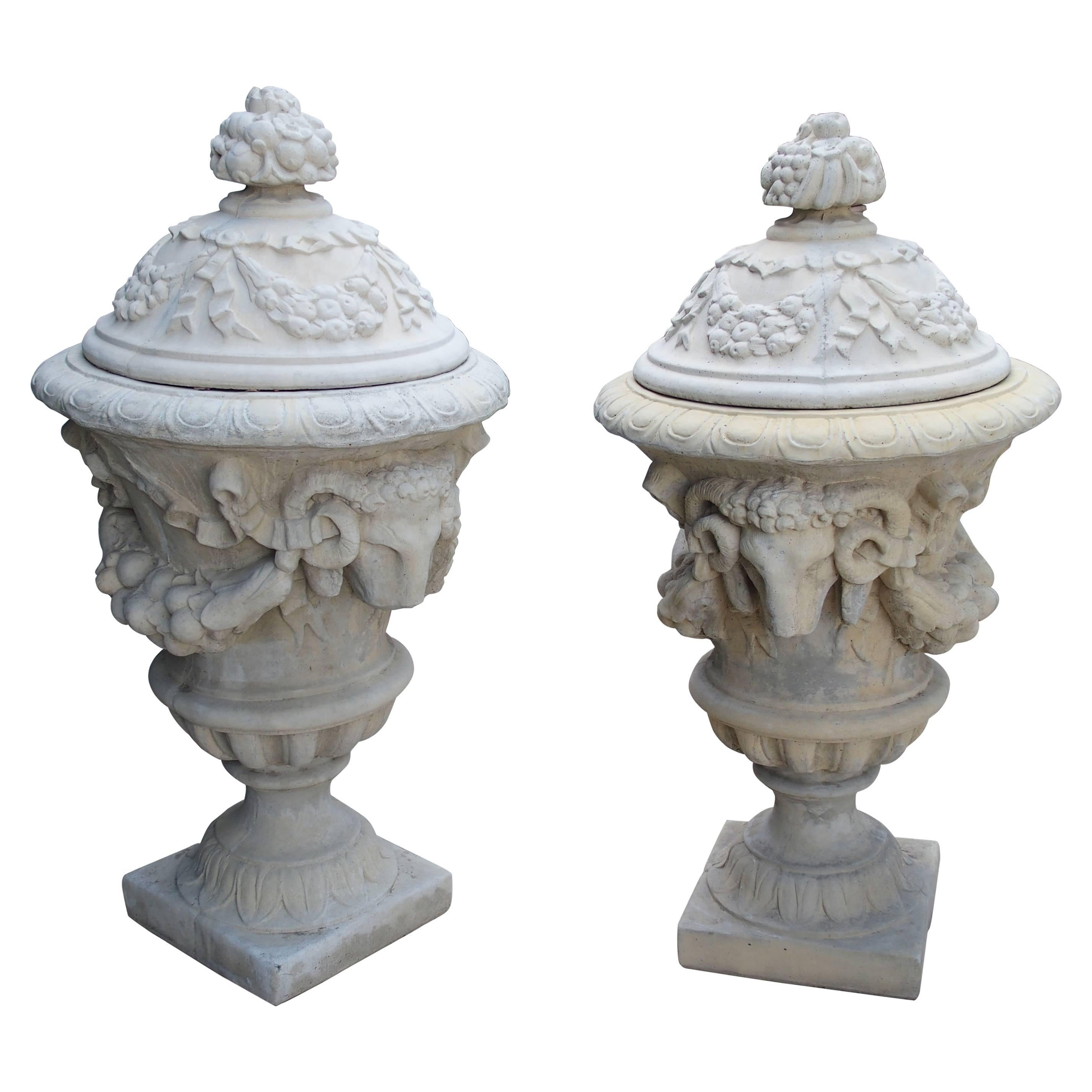 Pair of Large Cast Ram's Heads Urns from France at 1stDibs