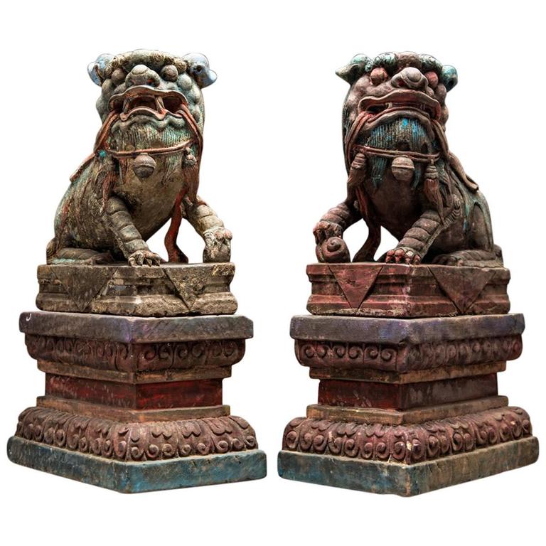 Chinese Pair of Polychromed Stone Fu Dogs from the Ming Dynasty For ...