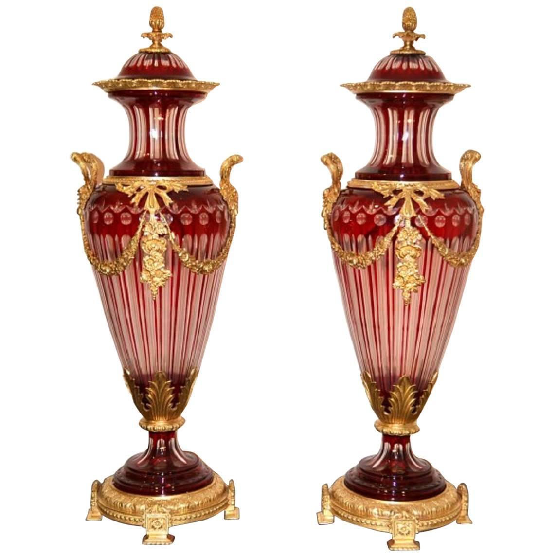 Pair Of Large Ruby Red Cut Crystal Glass Vases Ormolu Mounts For Sale At 1stdibs