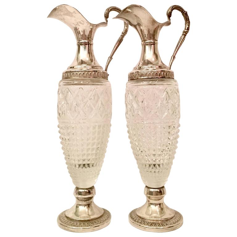 Pair of American Diamond Cut Glass and Silver Plate Ewer Pitchers at ...