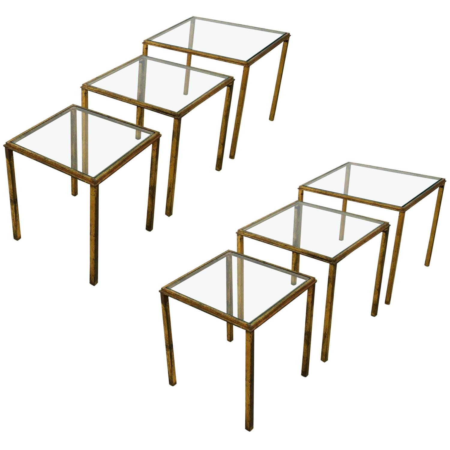 two-sets-of-mid-century-three-gilt-wrought-iron-nesting-tables-by-r