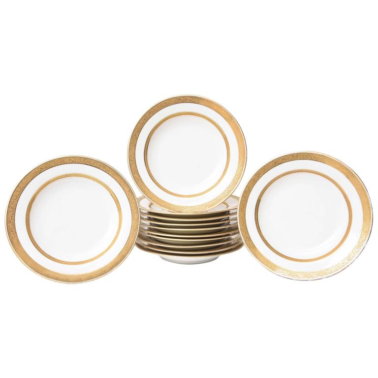 12 Antique Soup Bowls, Limoges France, Thick Gilded Rims and White ...