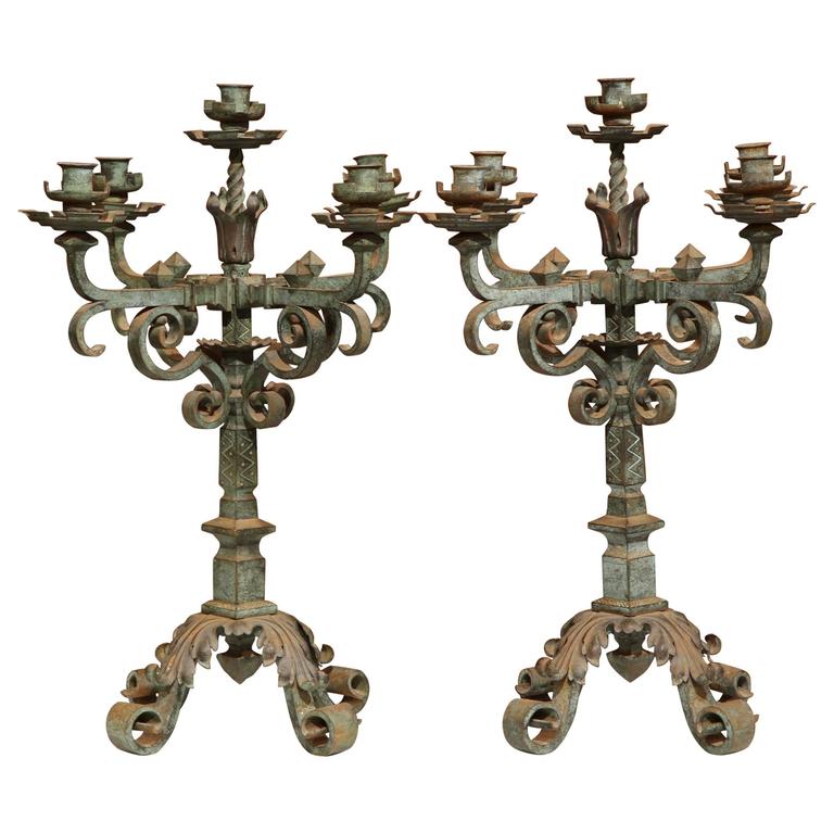 Pair of 18th Century French Iron Candelabras with Original Verdigris ...