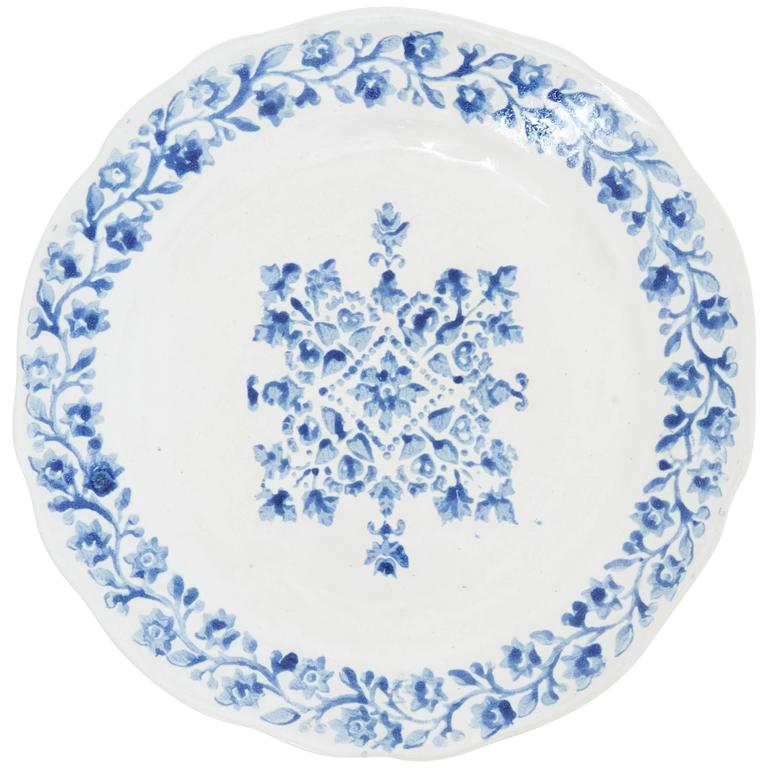Hand-Printed Blue and White Floral Ceramic Dinner Plates, Set of Four ...