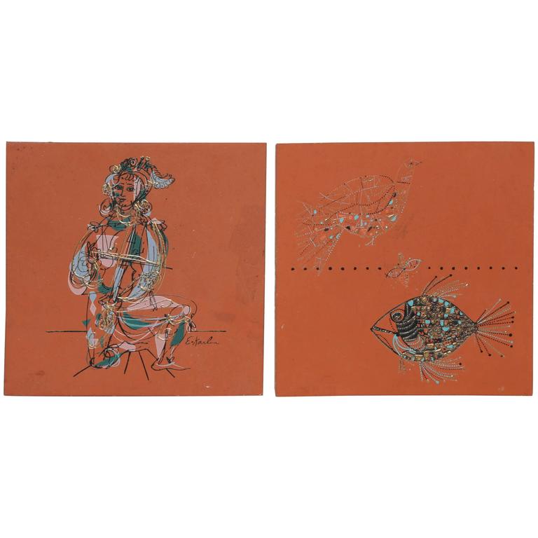 Pair of Mid-Century Modern by Eugene Karlin, Hand Painted Terracotta ...