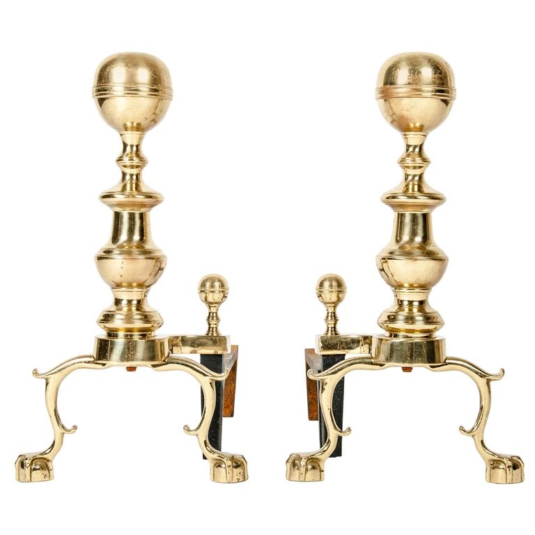 Antique Pair of Solid Brass English Andirons at 1stDibs