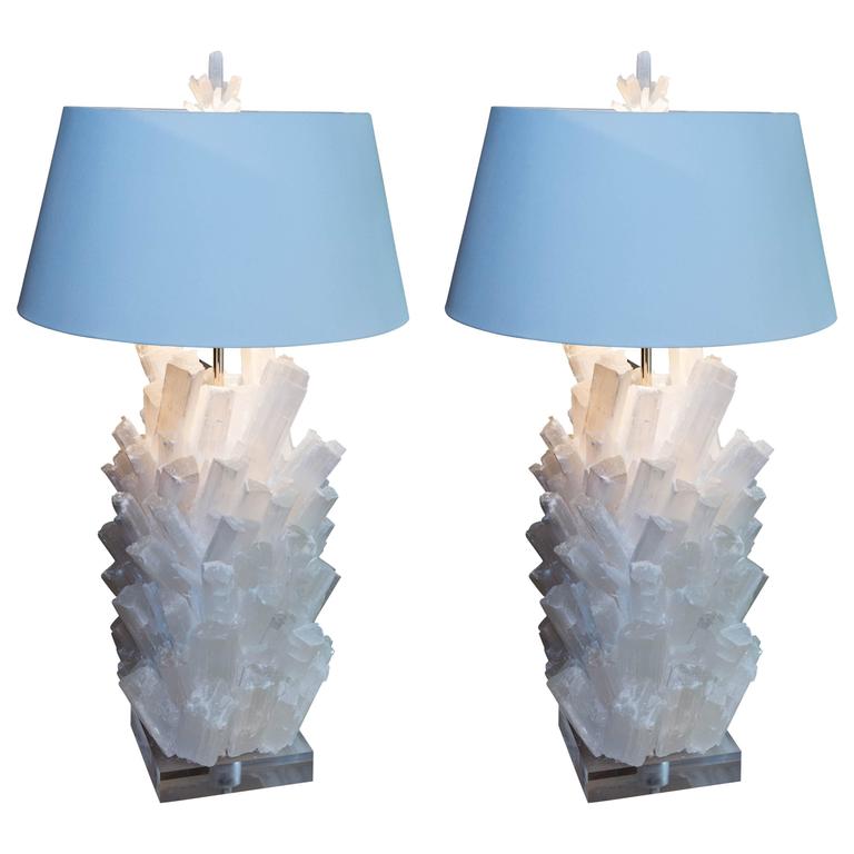 Attractive Pair of Selenite Lamps on Lucite Bases For Sale at 1stDibs