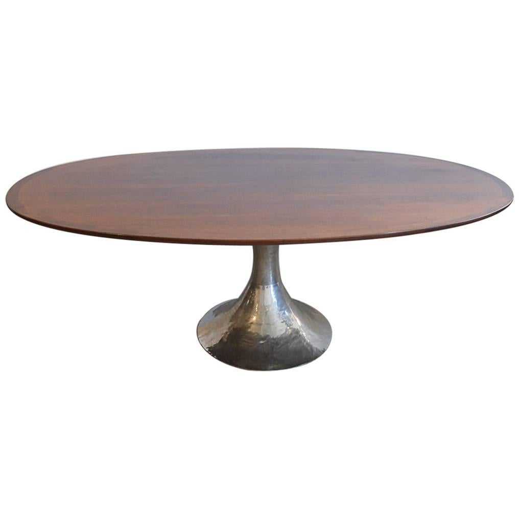 Walnut Oval Dining Table with Hand-Hammered Nickel Base at 1stDibs ...