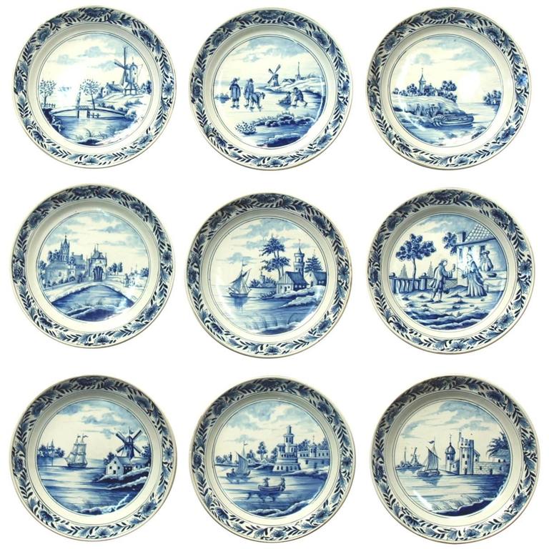 9 Antique Dutch Blue and White Delft Pottery Bowls Marked for De ...