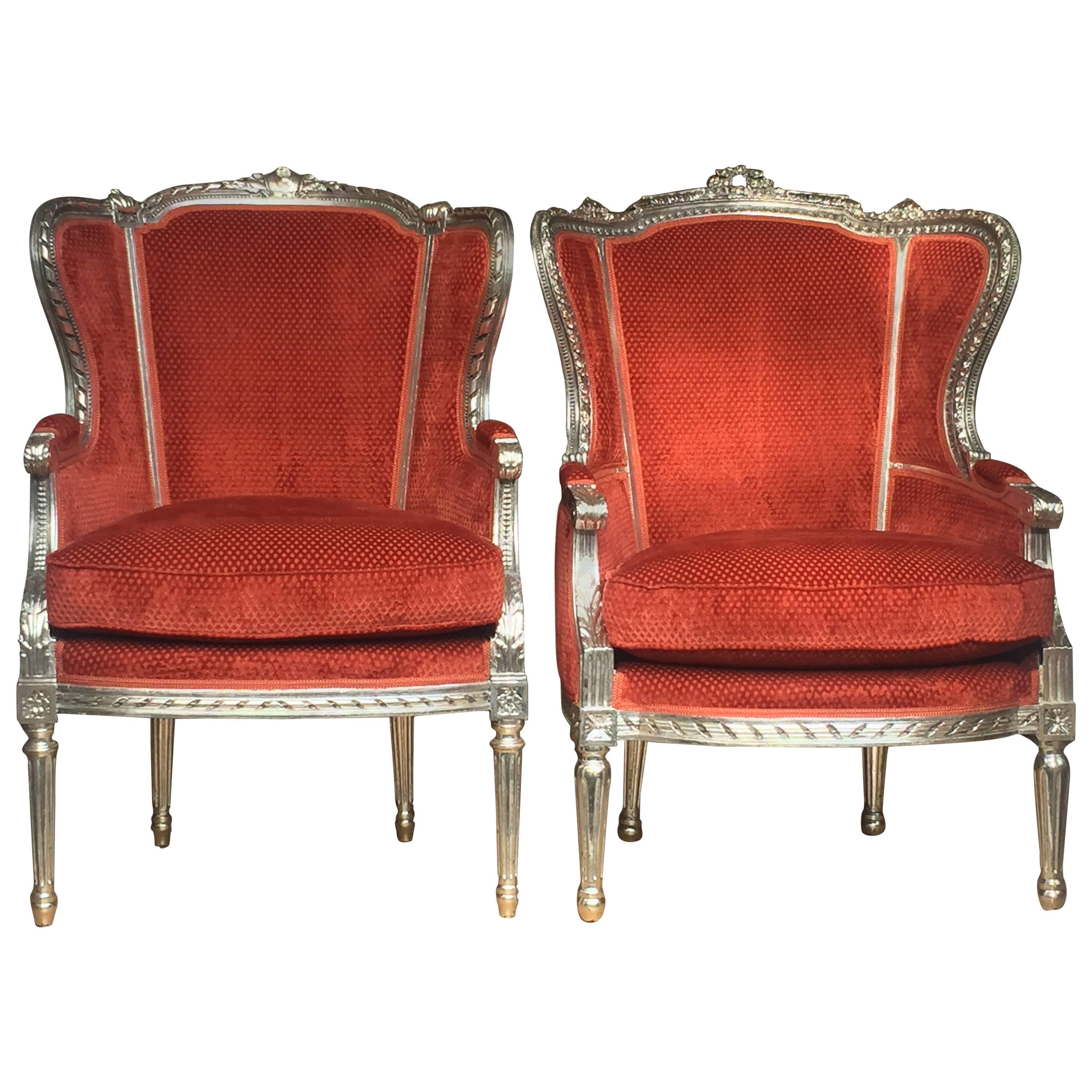 Pair of French Louis XV Neo-Rococo Armchairs Bergères Silver Plated ...