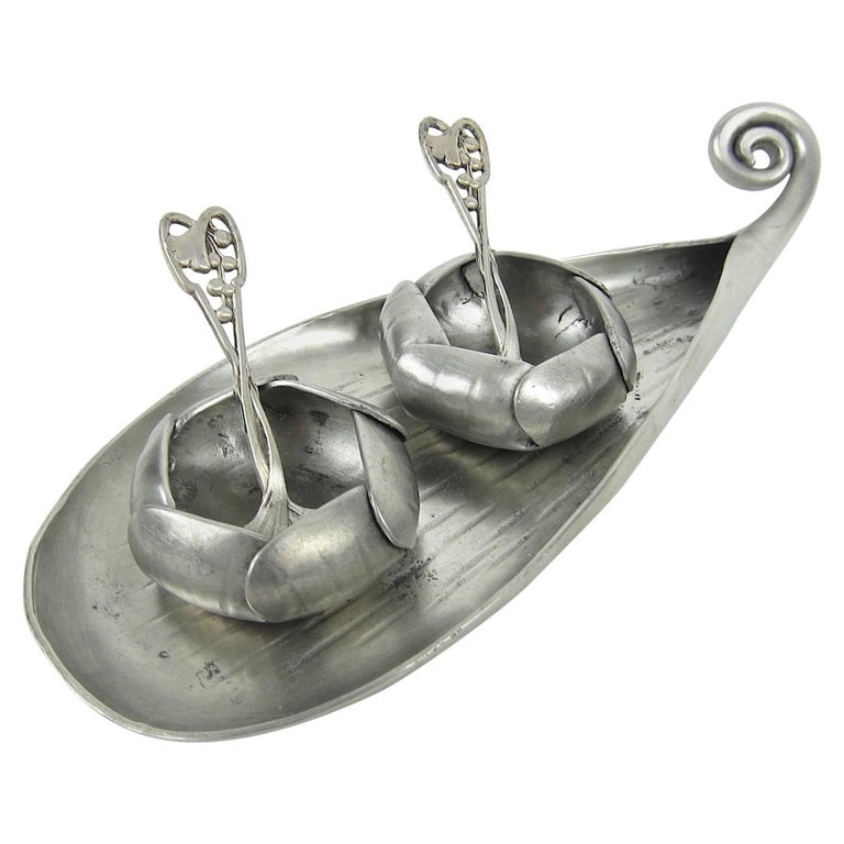 A E Chanal French Art Nouveau Open Salt Set in Hand-Wrought Pewter at ...