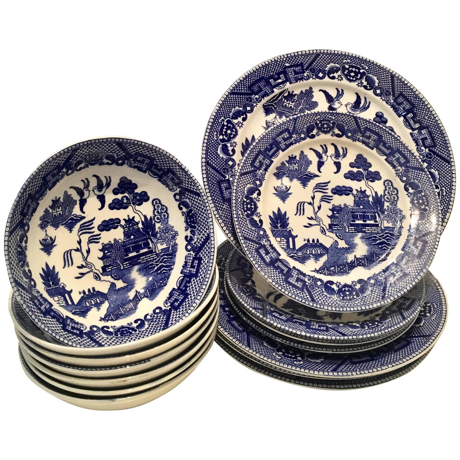 Set of 15 Japanese Blue and White "Willow" Ceramic Dinnerware at 1stdibs